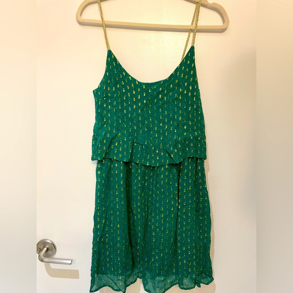 Sezane Green Mini Dress With Ruffle And Gold Braided … - Gem
